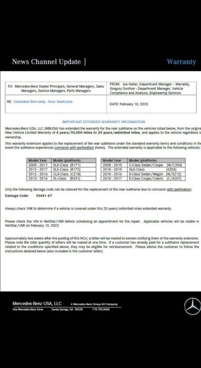 Official Mercedes Rear Subframe Extended Warranty (Multiple Models ...
